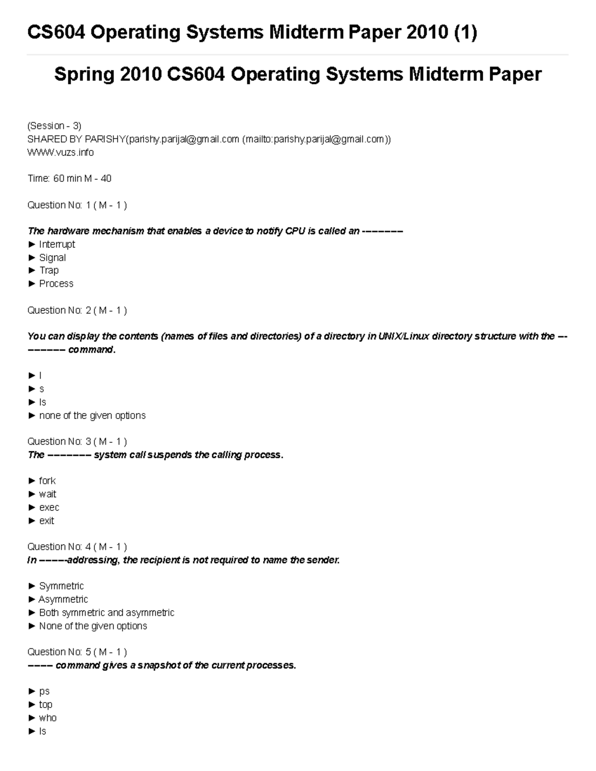 CS604 Operating Systems Midterm Exam Paper 2010 - Studocu