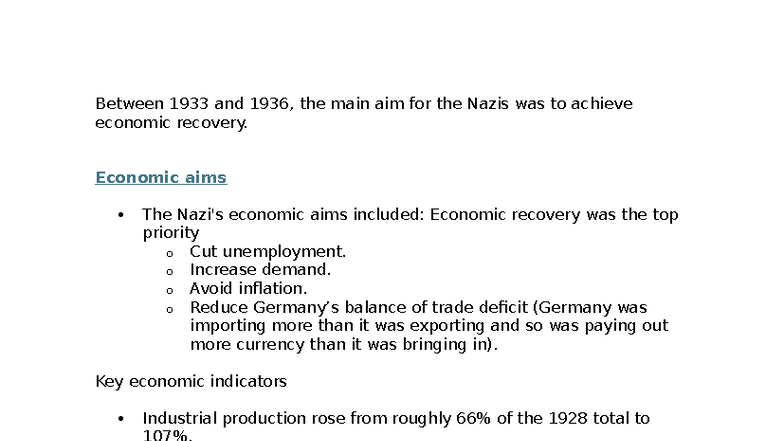Economic Recovery in Nazi Germany (HIST 1) - Studocu
