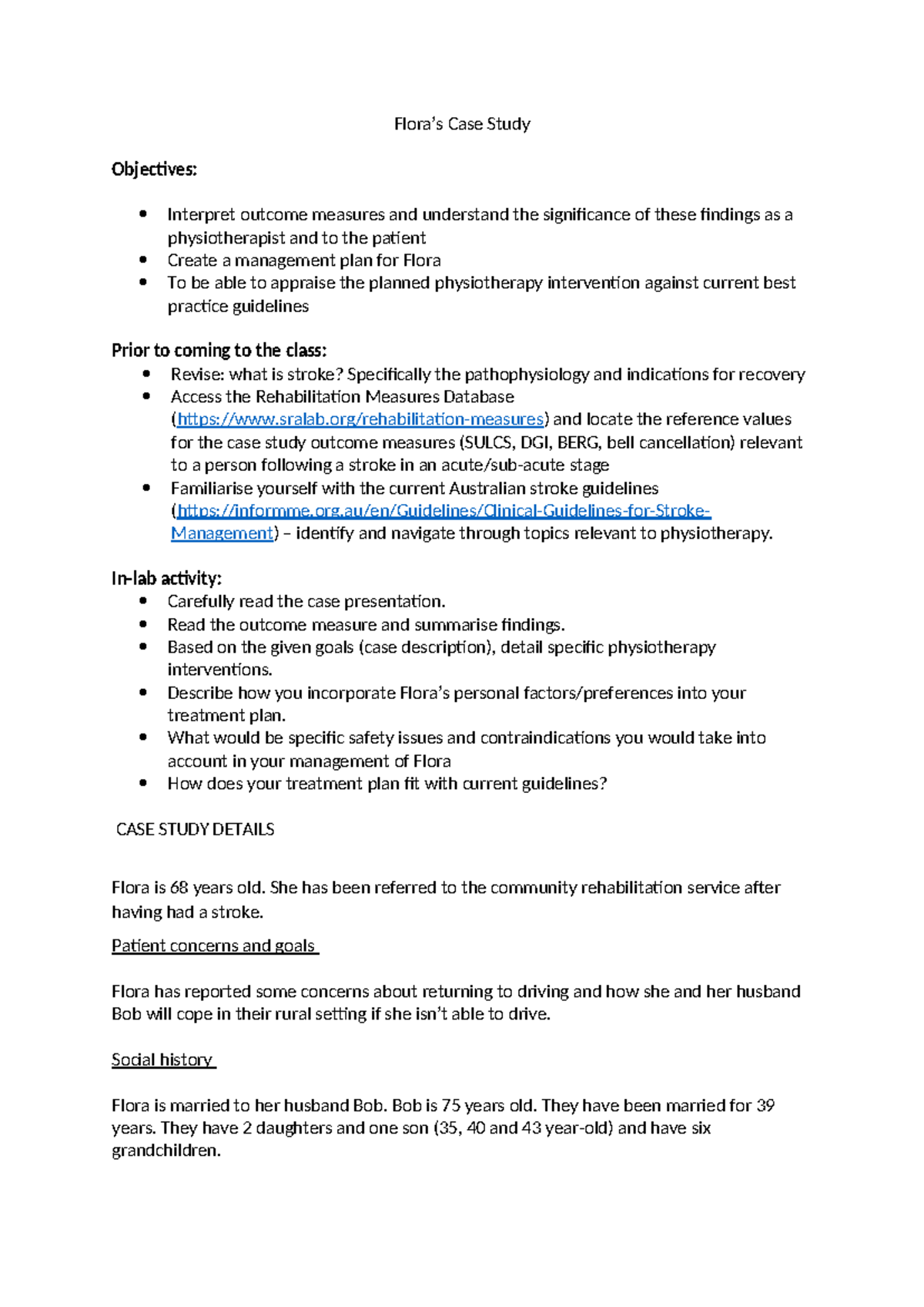 Rehab Case Study: Physiotherapy Management Plan for Flora (PHTY355 ...