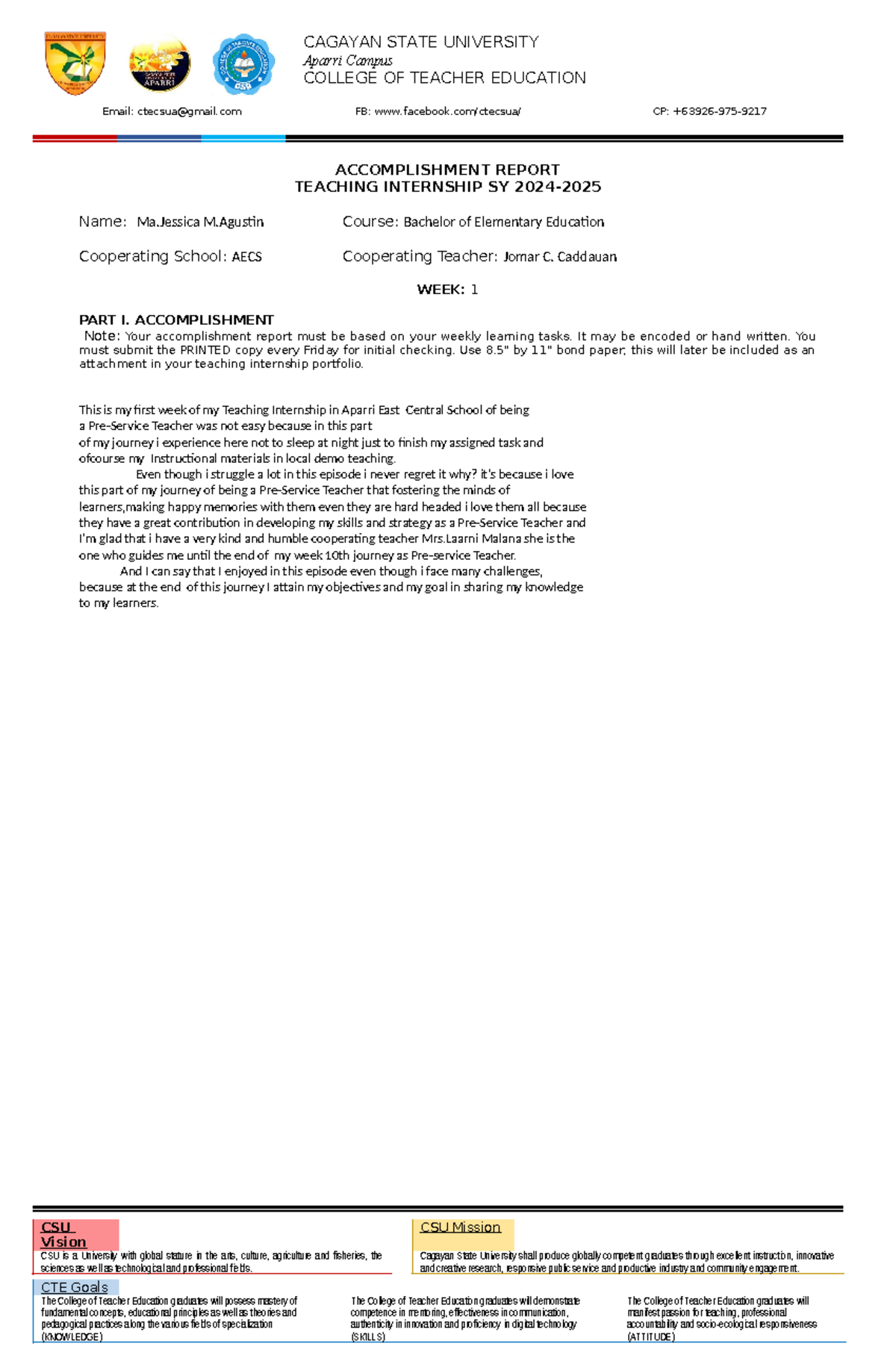 Accomplishment Report 2: Teaching Internship SY 2024 at CTE - Studocu