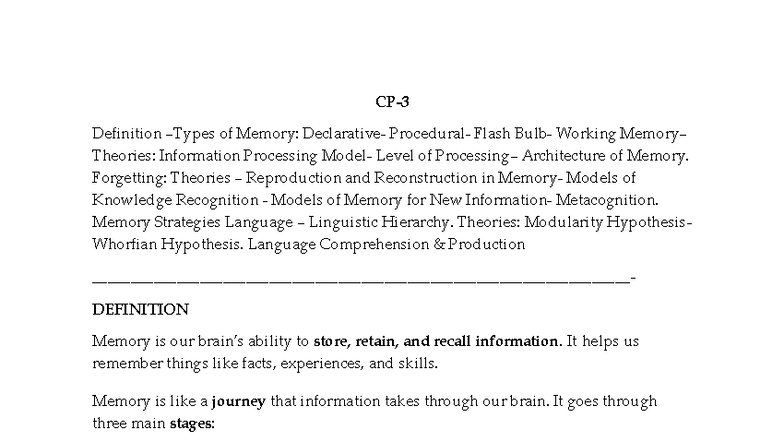 Cp3 - Clinical Psychology Notes: Memory Theories and Language ...