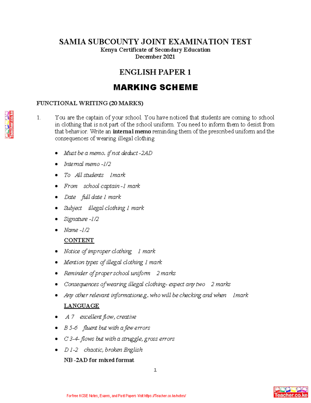 2022 SAMIA MOCK KCSE ENGLISH PAPER 1 MARKING SCHEME - Studocu