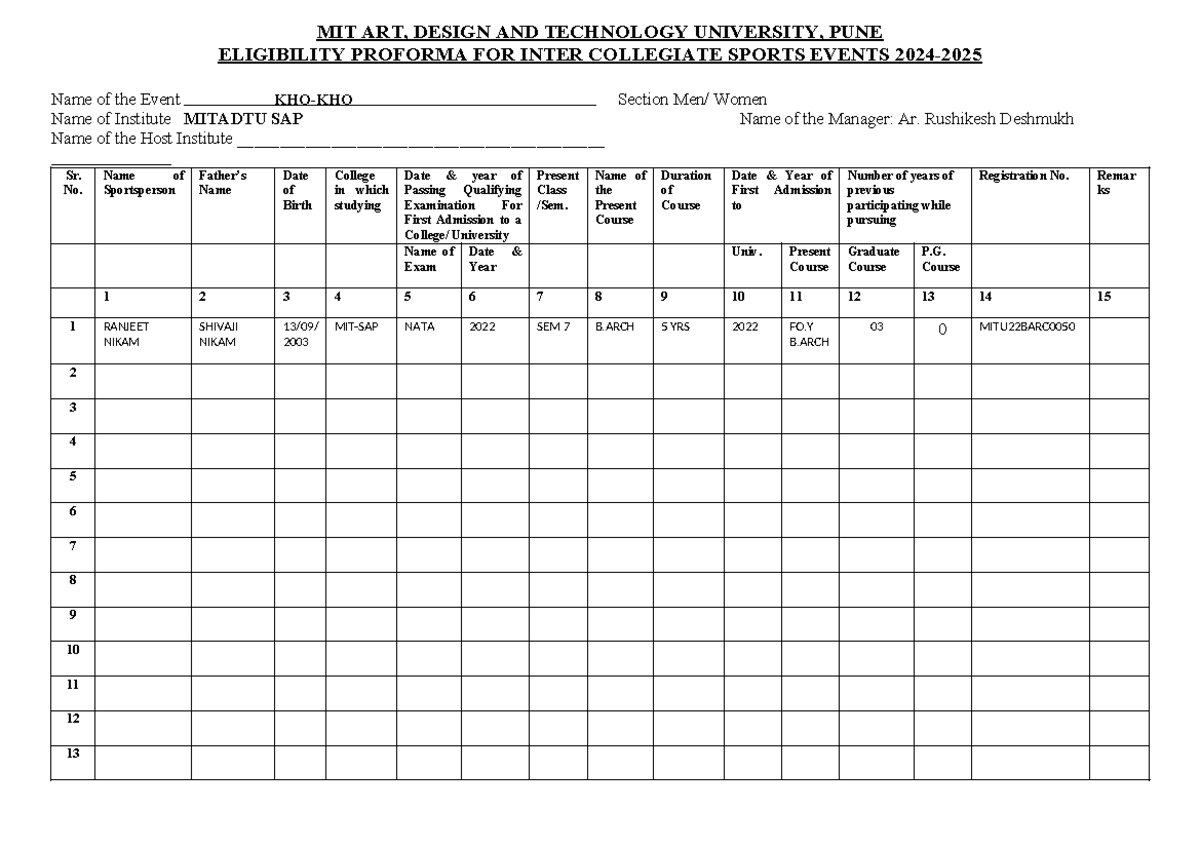 MIT ADT University Inter Collegiate Sports Eligibility Proforma 2025-26 - Studocu
