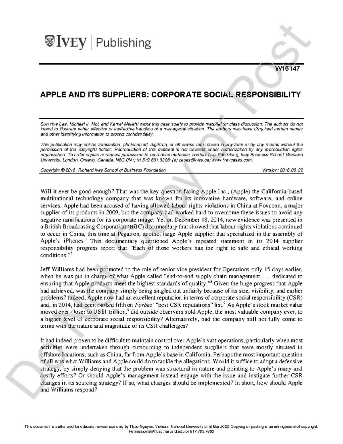 W16147 Case Study: Apple Inc. and Corporate Social Responsibility ...