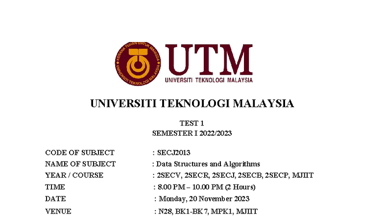 DSA Test 1 SECJ2013 - Midterm Exam on Data Structures & Algorithms ...