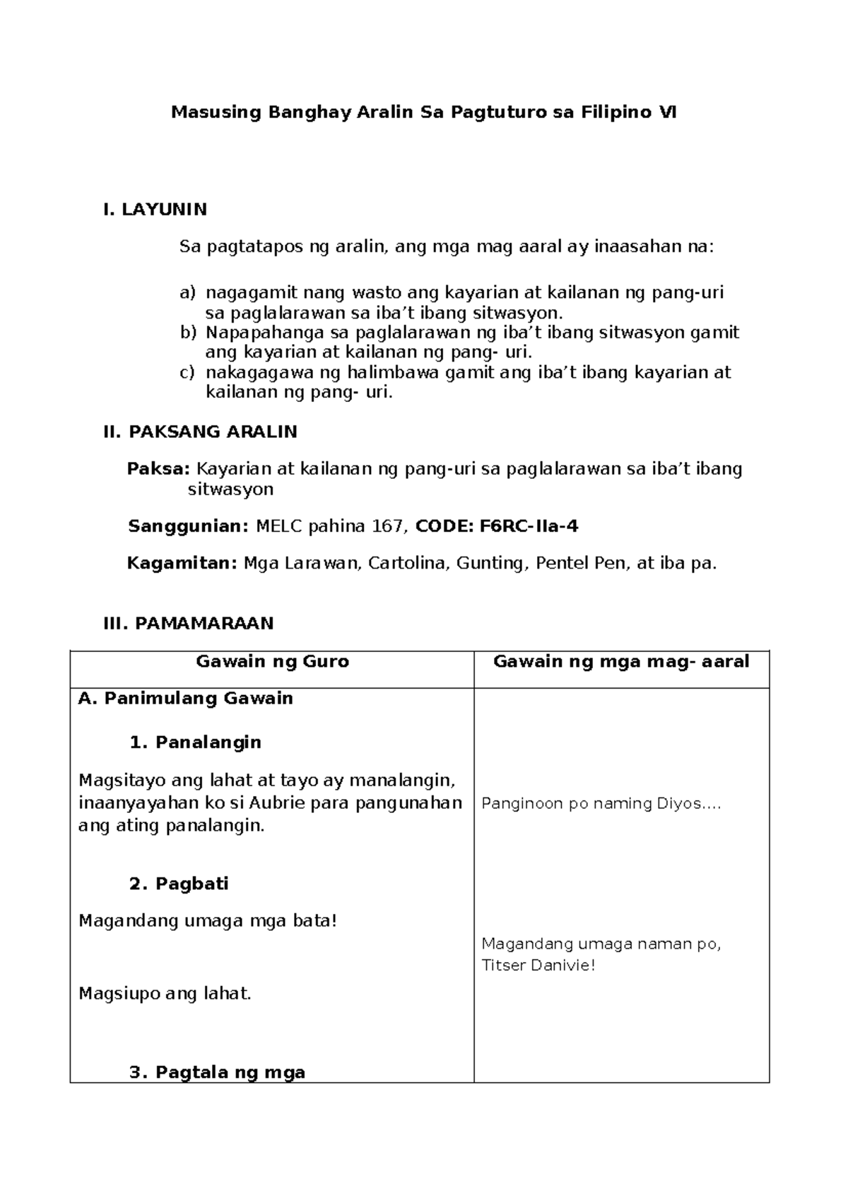 Masusing Banghay Aralin sa Filipino VI: Kayarian at Kailanan ng Pang-uri - Studocu