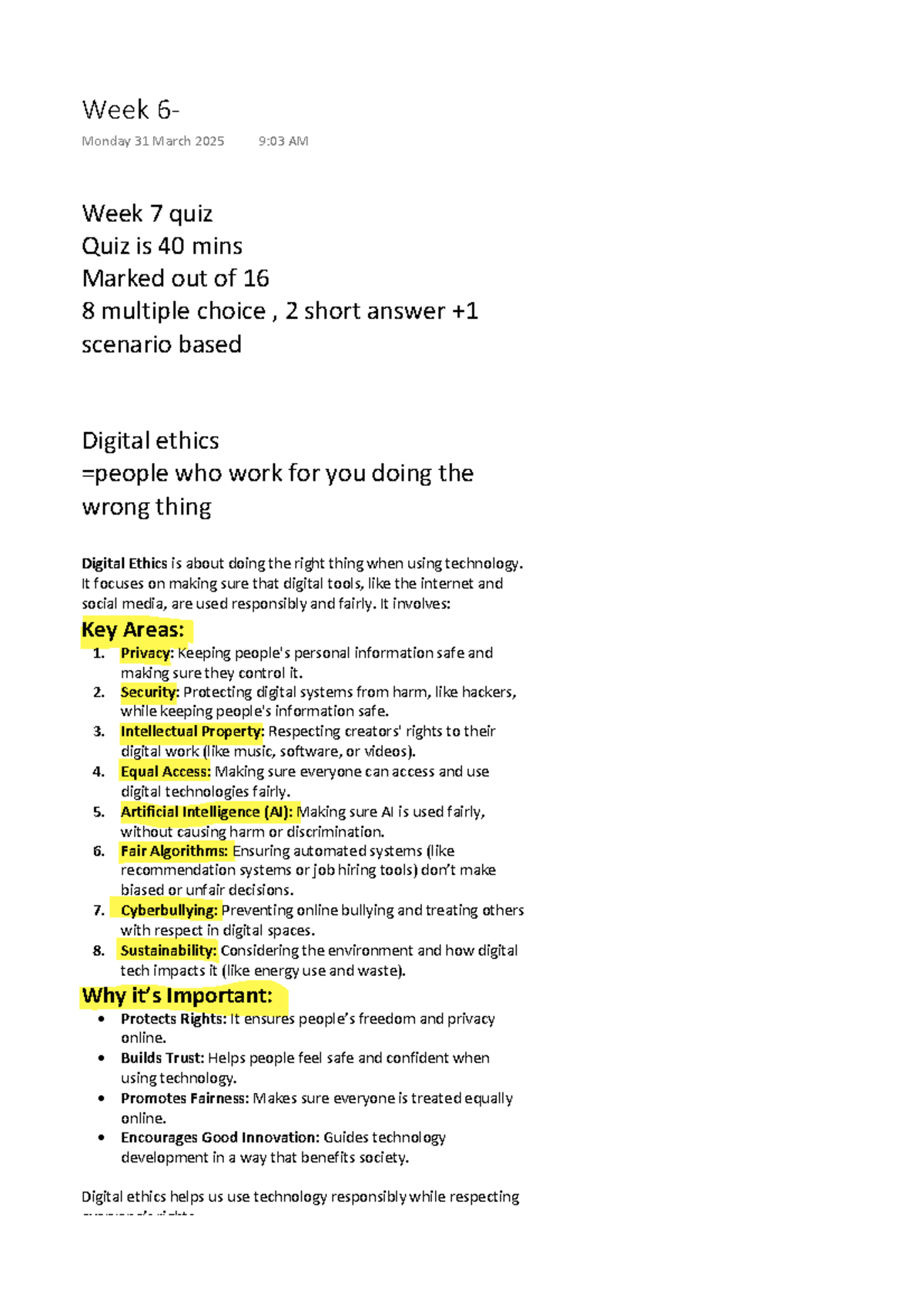 Week 7 Quiz: Digital Ethics Overview and Key Concepts - Studocu