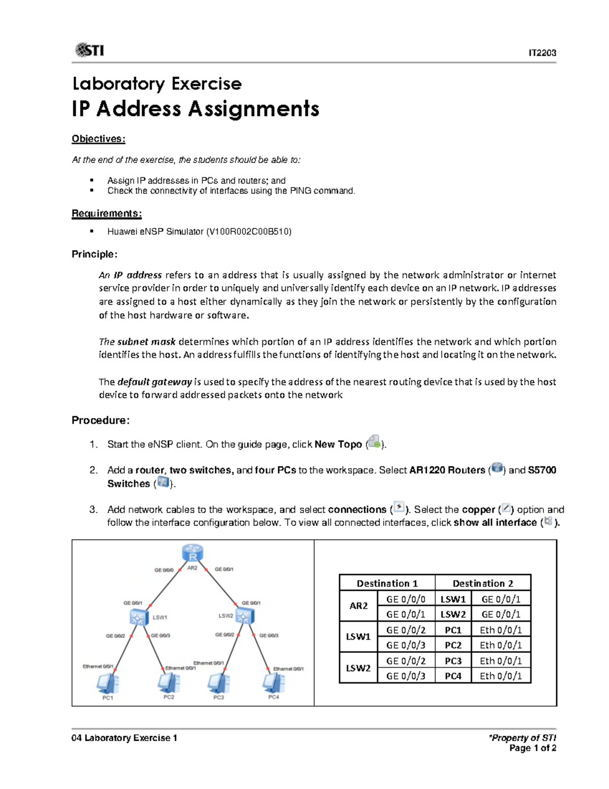 04 Lab Exercise 1: IP Address Assignments and Connectivity Check - Studocu
