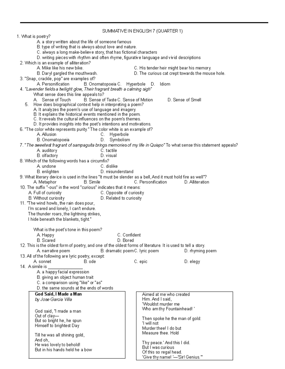 Summative Assessment in English 7 (Quarter 1) - Poetry Analysis - Studocu
