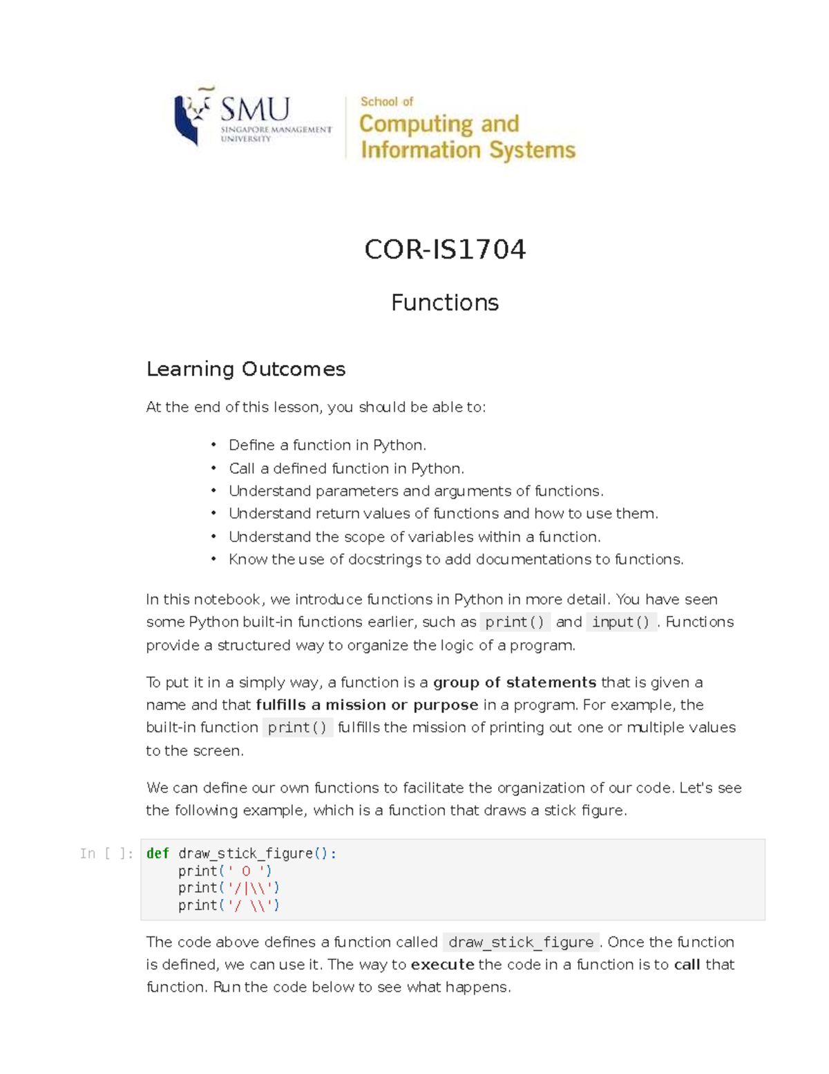 Python Functions: Learning Outcomes and Key Concepts (CS101) - Studocu