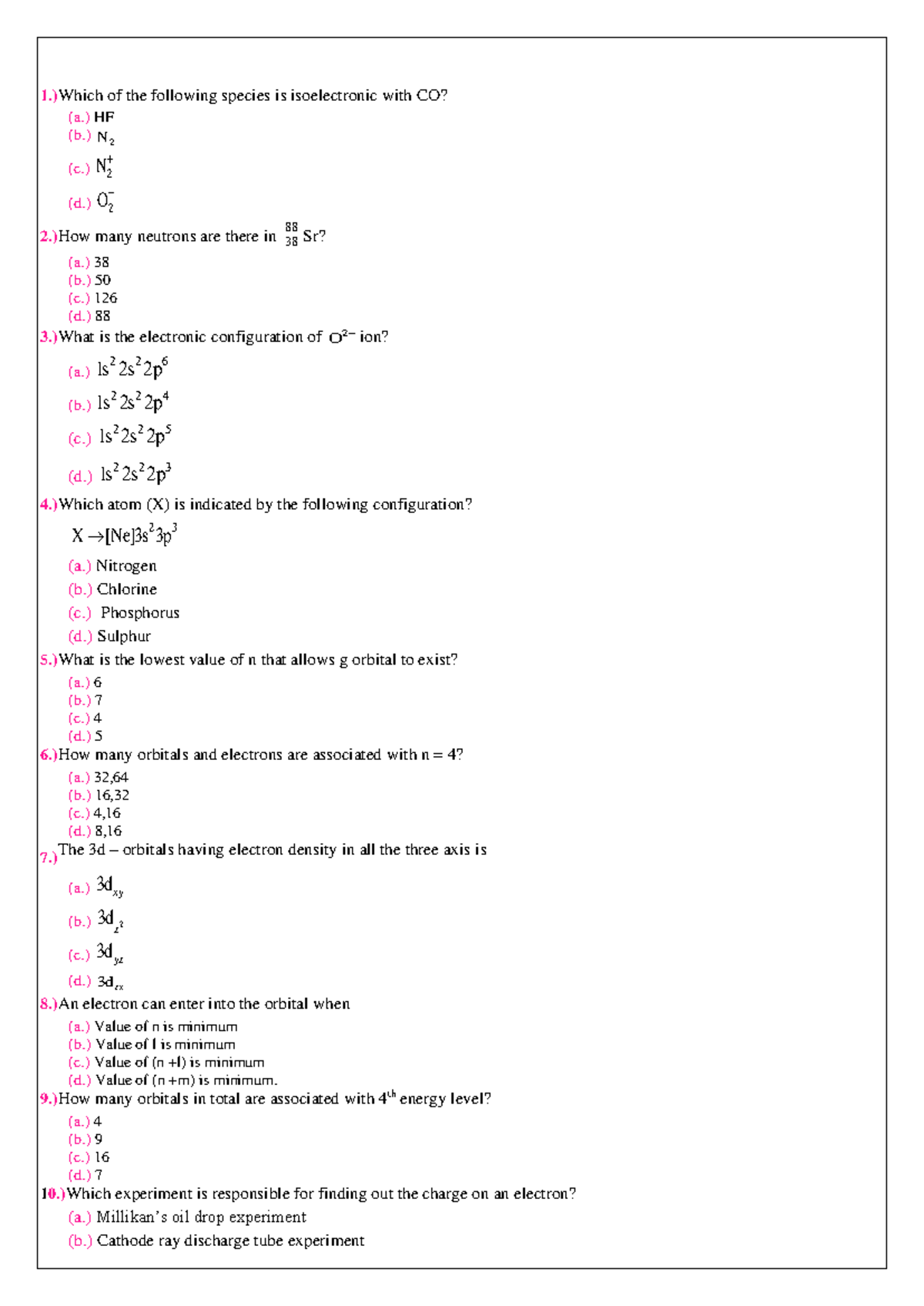 Atomic Structure Quiz: Key Concepts and Questions (Course Code: 02 ...