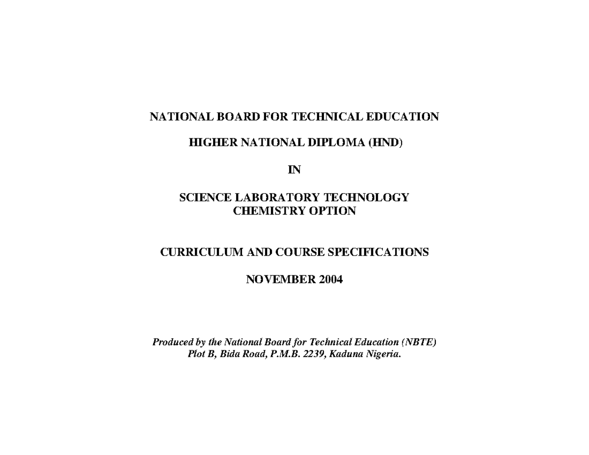 HND Chemistry Curriculum for Science Laboratory Technology (2004) - Studocu