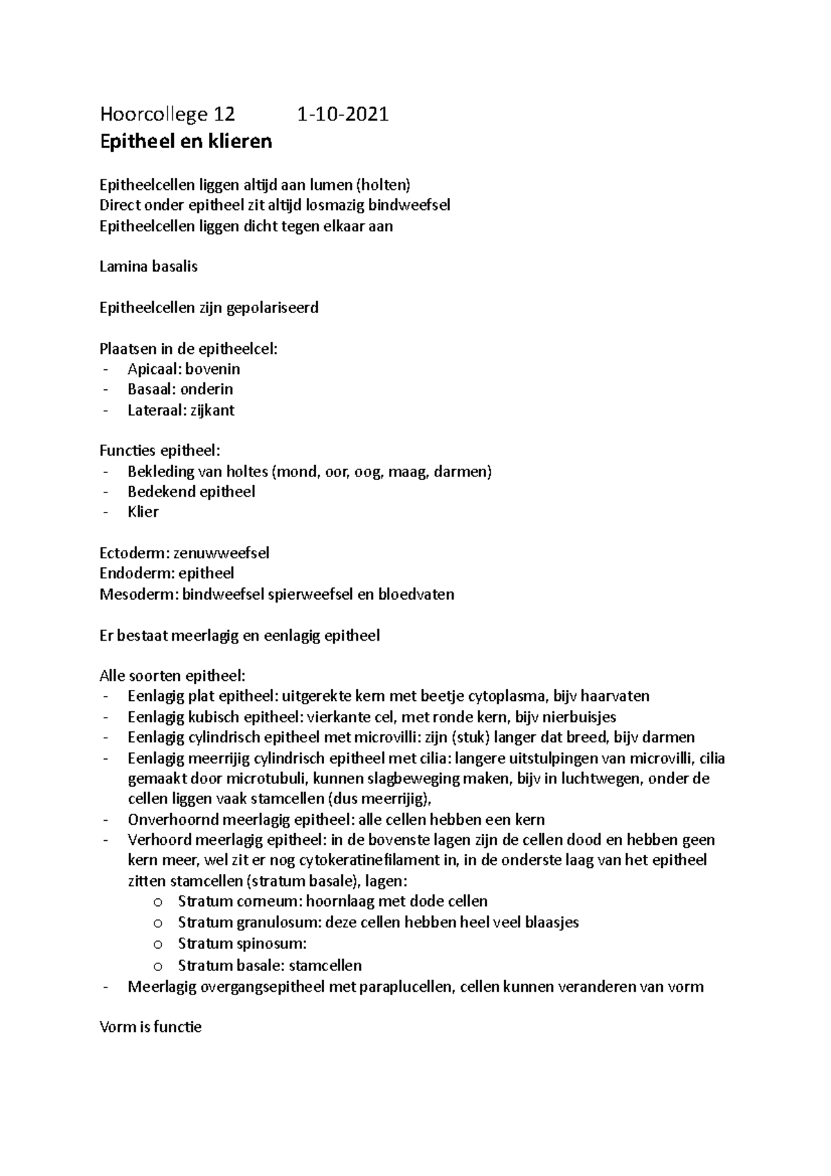 HC 12 1-10-2021 Epitheel en klieren - Functionele Anatomie (MTI-1 ...