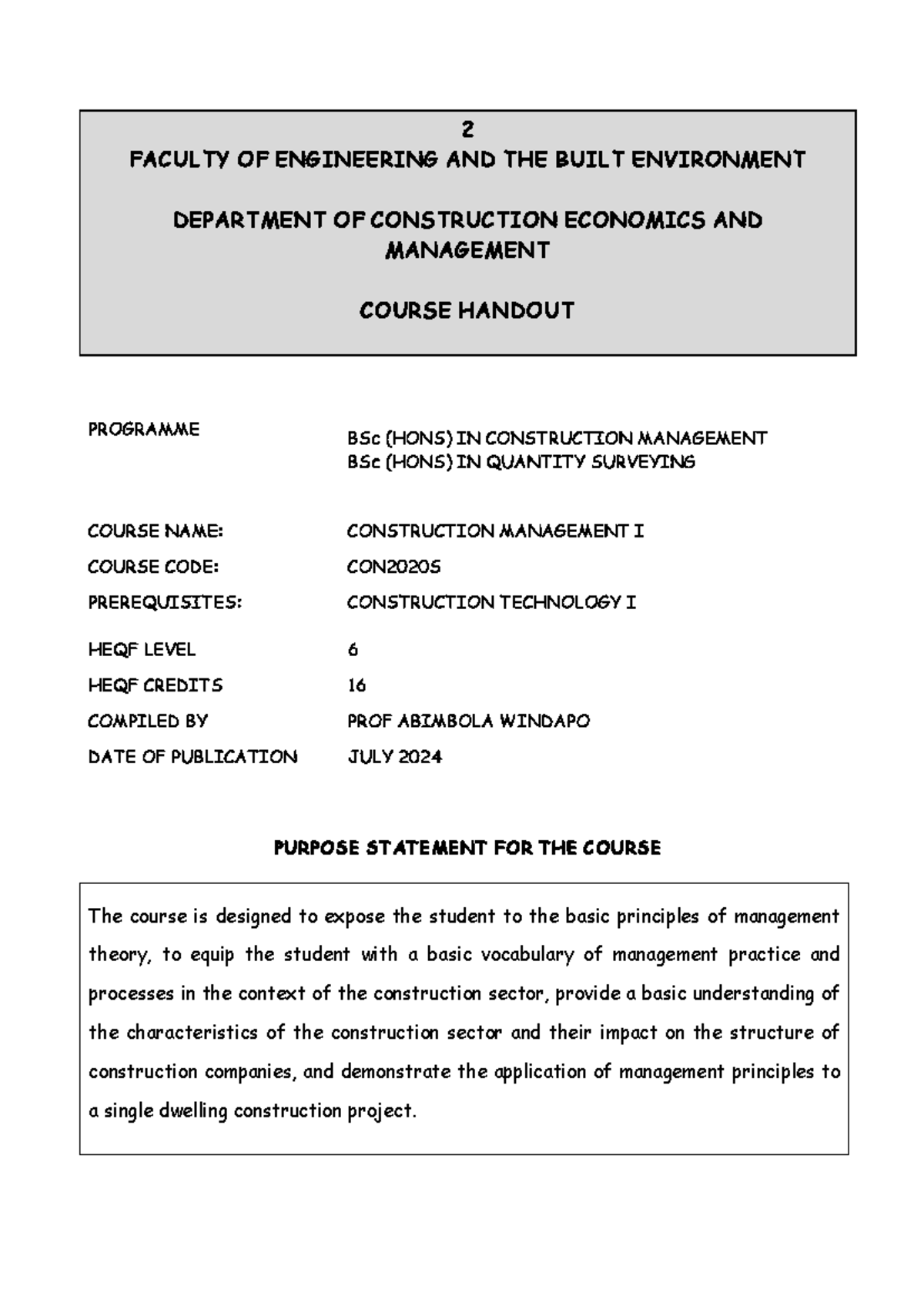 Construction Management I Study Guide - CON2020S (2024) - Studocu