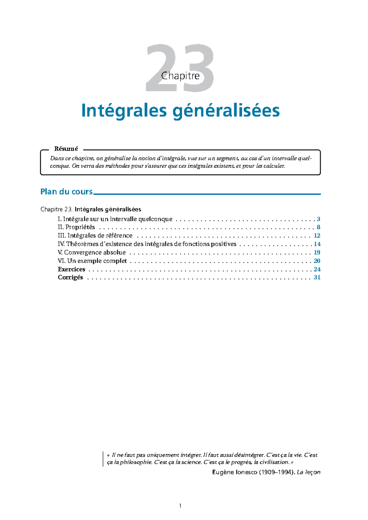 Chapitre 23 - Notion et Techniques des Intégrales Généralisées - Studocu