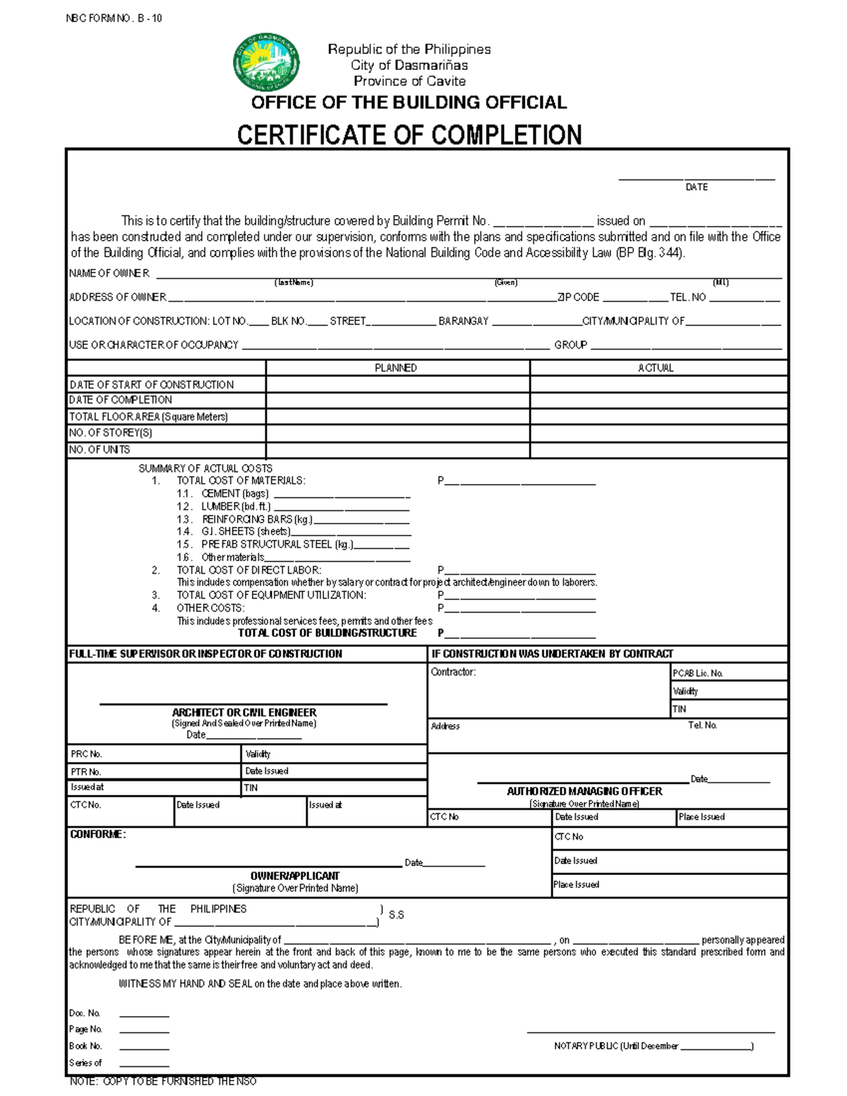 Certificate of Completion - NBC Form No. B 10 - Studocu