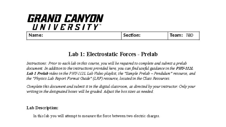 PHY112L Lab 1: Prelab Instructions for Electrostatic Forces - Studocu