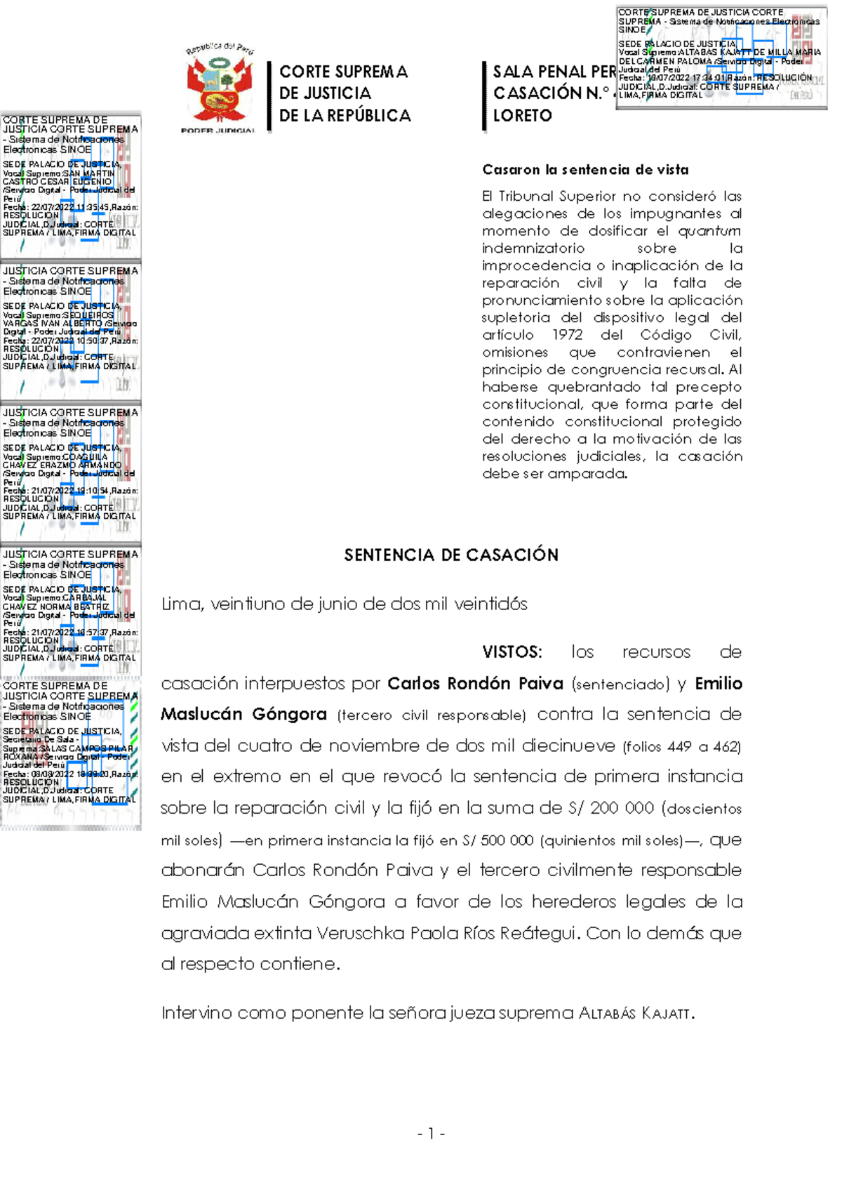 Resolución Judicial de Casación - CORTE SUPREMA LORETO 2022 - Studocu