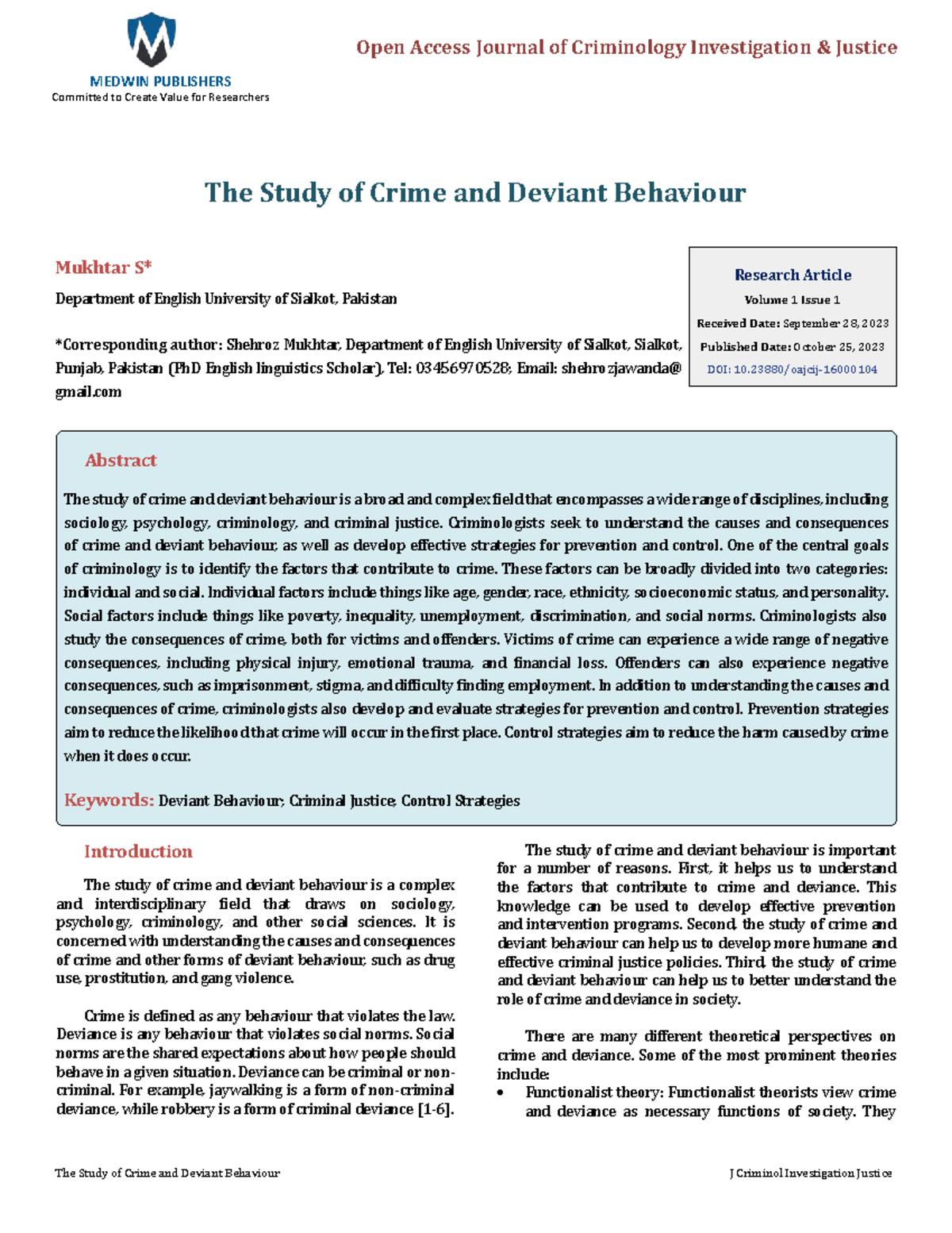 The Study of Crime and Deviant Behaviour: Insights and Theories J ...