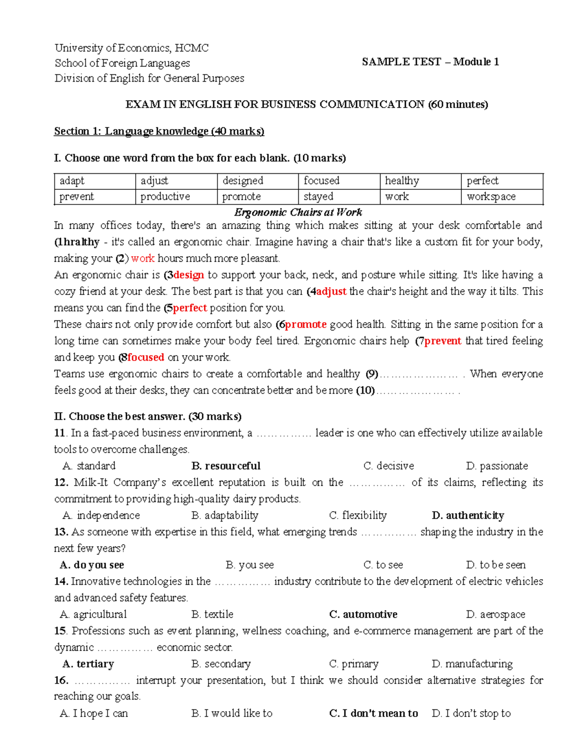 2024 Sample Test in English for Business Communication (Module 1) - Studocu