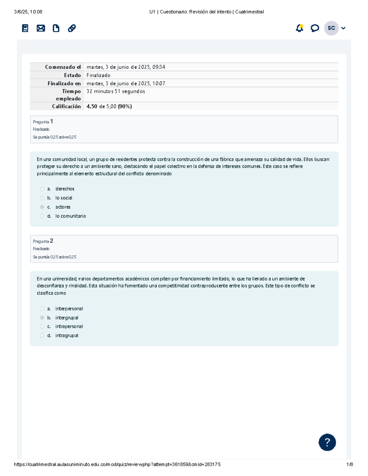 U1 Cuestionario: Revisión del Intento Cuatrimestral SC - Studocu