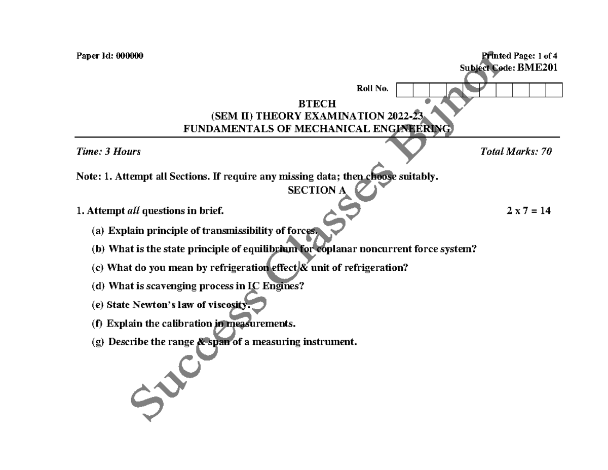 Fundamental of Mecahnical Engineering Model Paper - Paper Id: 000000 ...