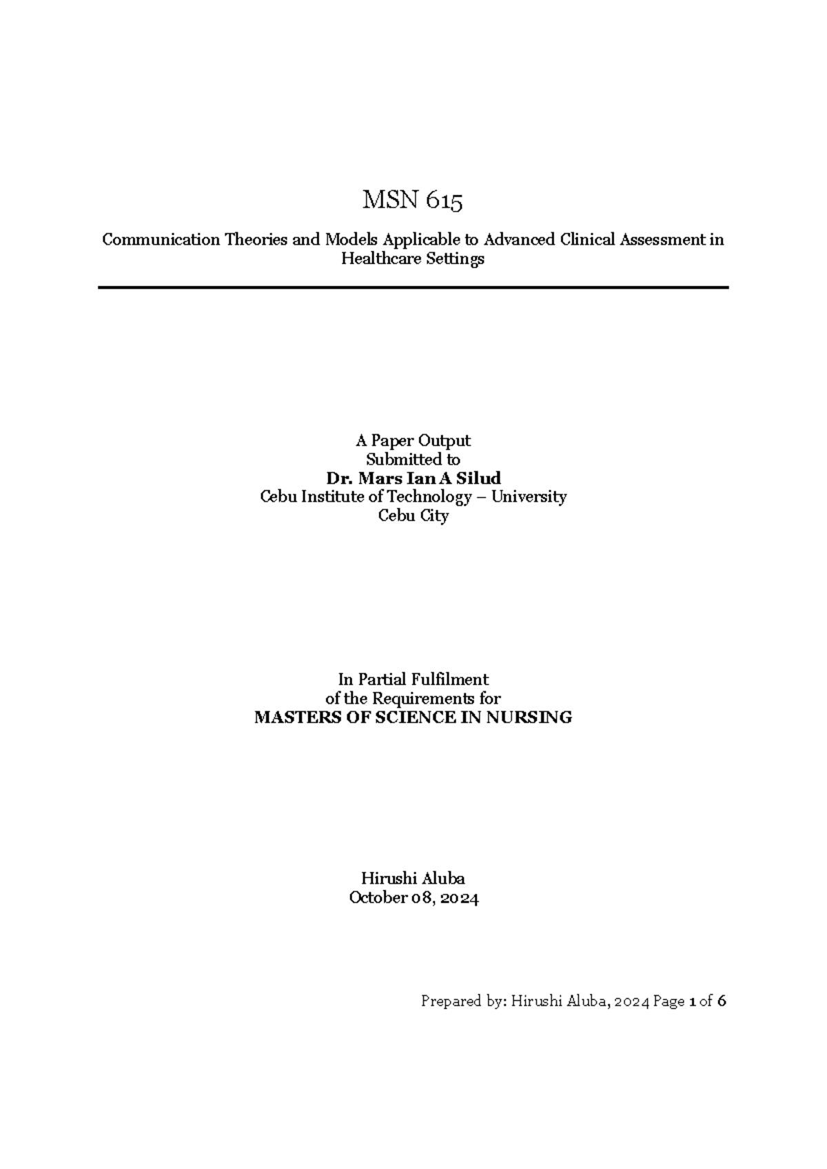 MSN 615 Communication Theories in Advanced Clinical Assessment - Studocu