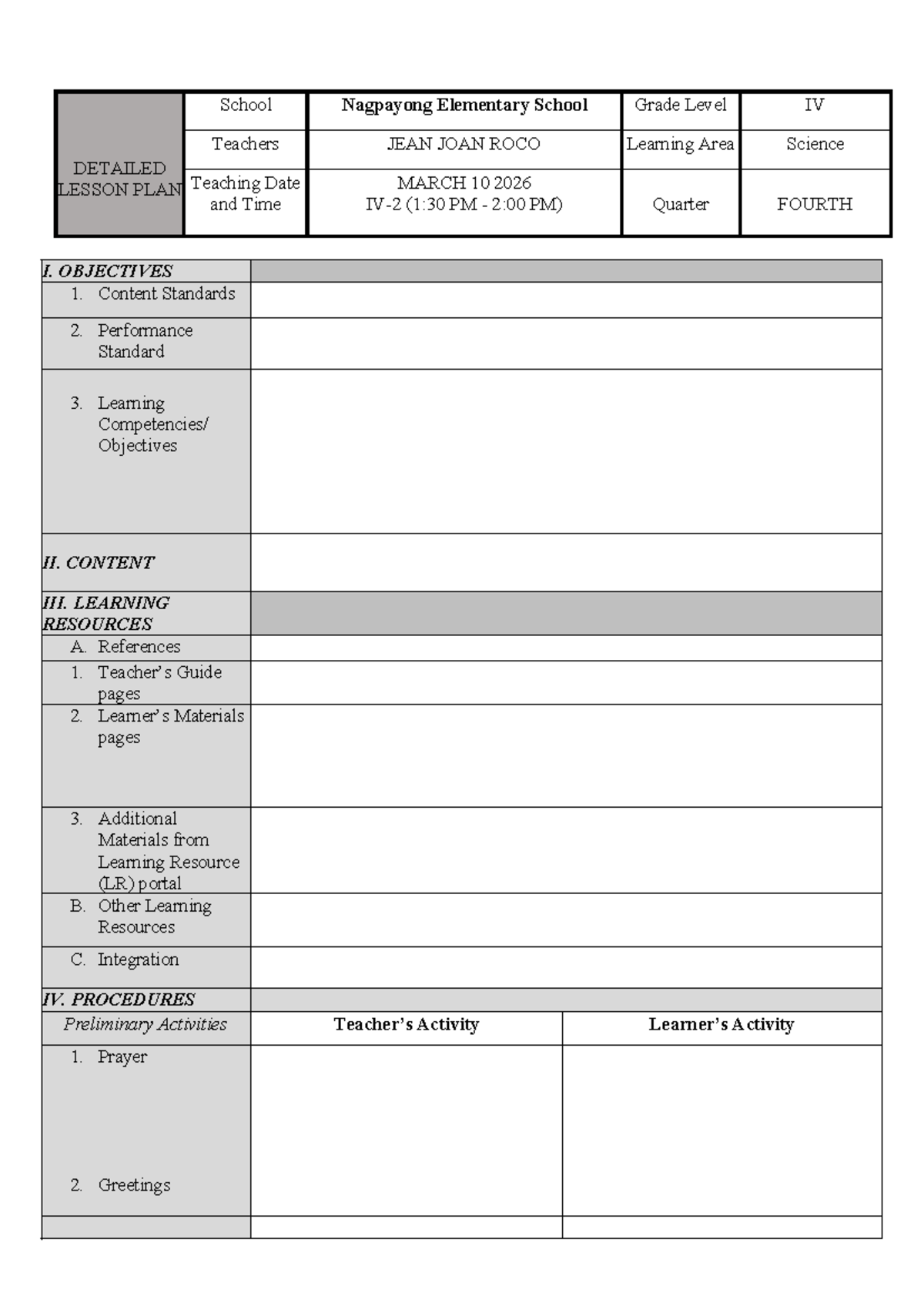 Grade IV Science Detailed Lesson Plan - 4th Quarter by JEAN JOAN ROCO ...