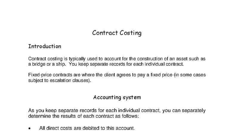 Contract Costing Overview: Principles and Calculations - Studocu