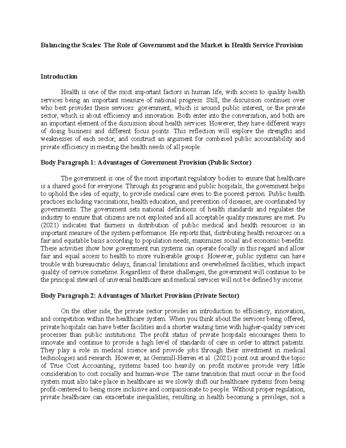 Reflection on Health Service Provision: Government vs. Market - Studocu