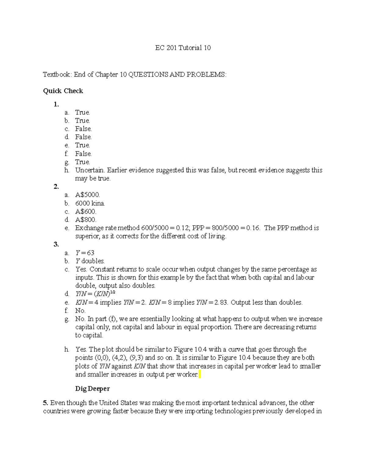 EC 201 Tutorial 10 Suggested Answers - EC 201 Tutorial 10 Textbook: End of Chapter 10 QUESTIONS ...