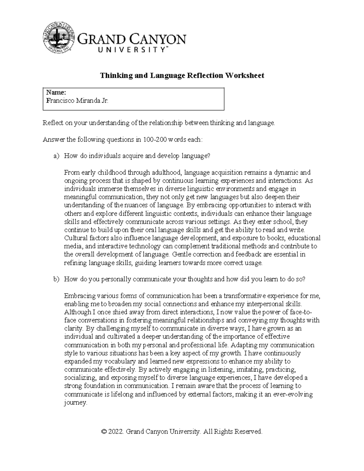 Thinking and Language Reflection Worksheet (GCU) - Studocu
