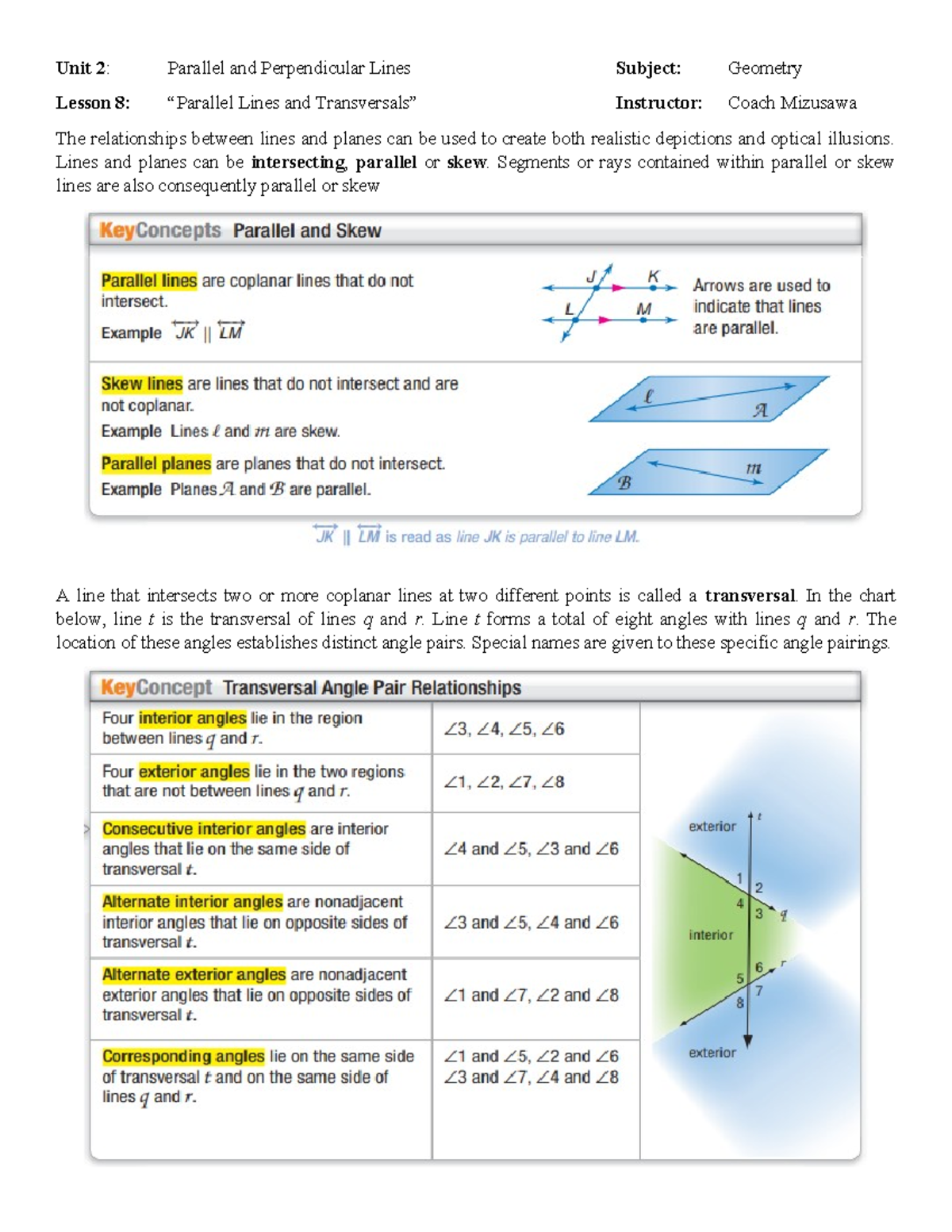 Lesson 8 (Parallel Lines and Transversals) - Unit 2: Parallel and ...