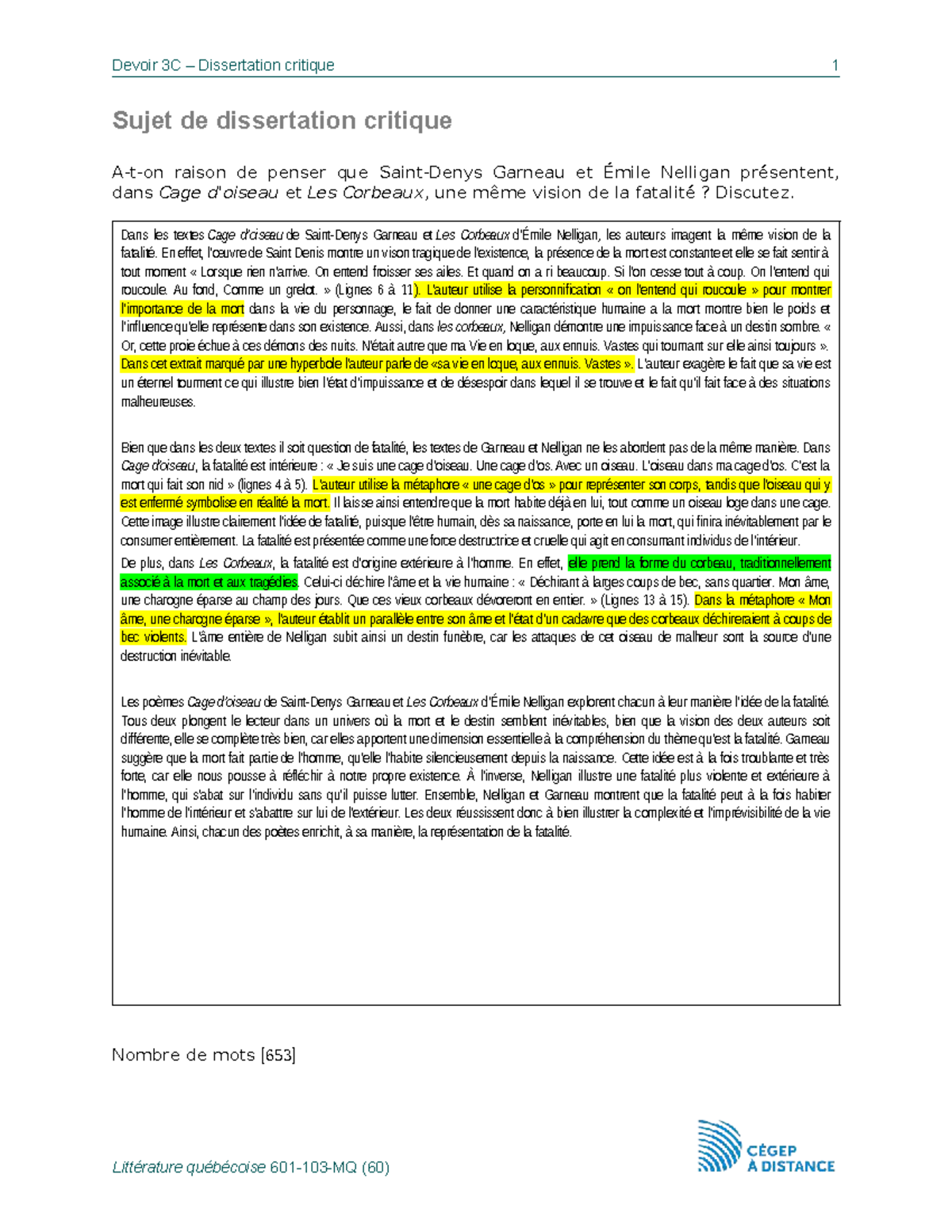 601-103-MQ Devoir 3C - Dissertation Critique sur la Fatalité dans ...