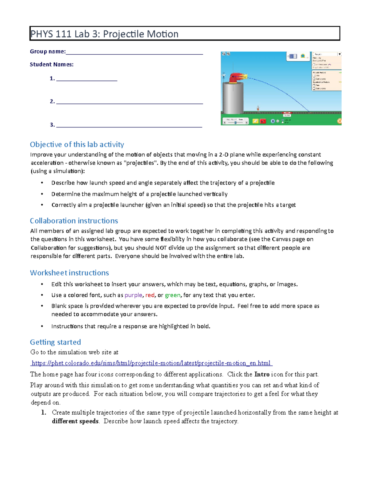 PHYS - Lab Three Projectile Motion - PHYS 111 Lab 3: Projectile Motion ...