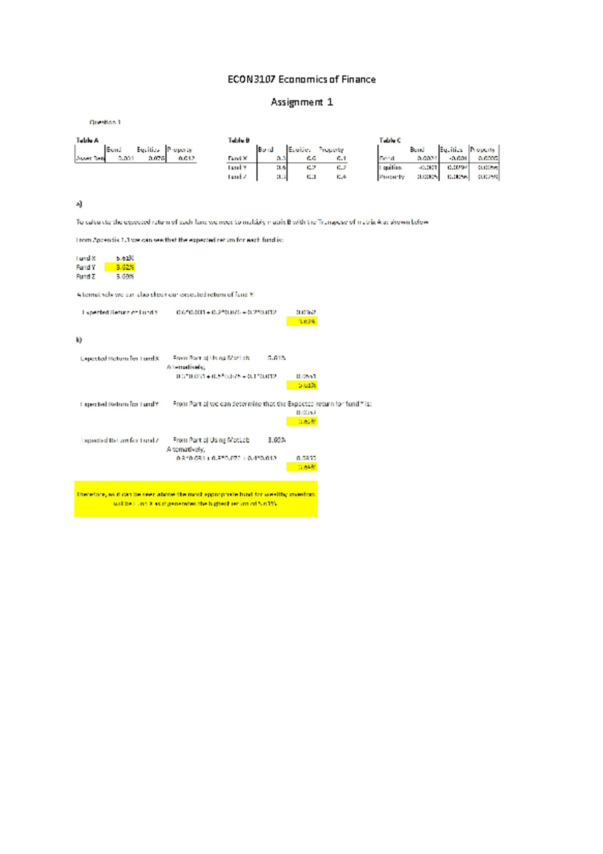 ECON3107 Assignment 1 Q1: Expected Returns of Investment Funds - Studocu