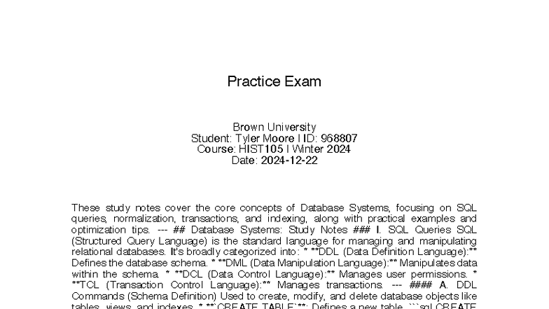 HIST105 Winter 2024: Database Systems Practice Exam Study Notes - Studocu