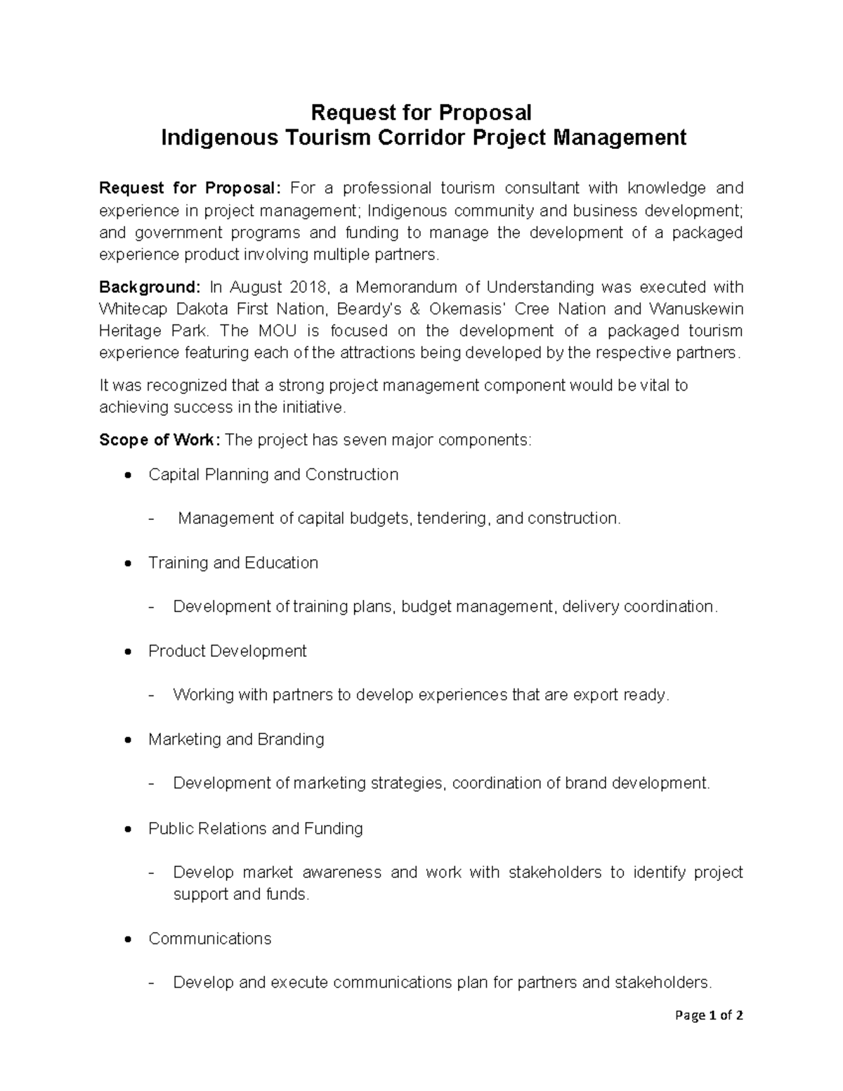 Tourism Project Management Proposal - Page 1 of 2 Request for Proposal ...