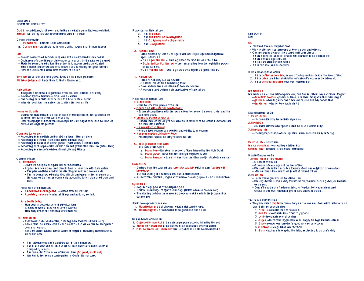 RE 114 Final Exam: Morality and Sin - Key Concepts and Classifications - Studocu