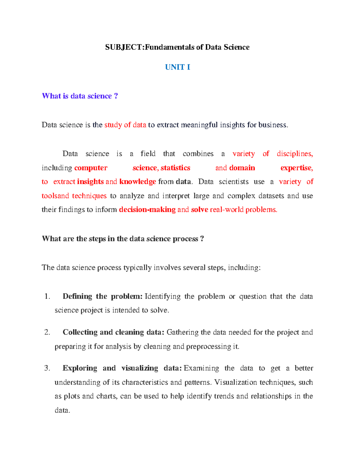 Fundamentals of Data Science: UNIT 1 Overview and Key Concepts - Studocu