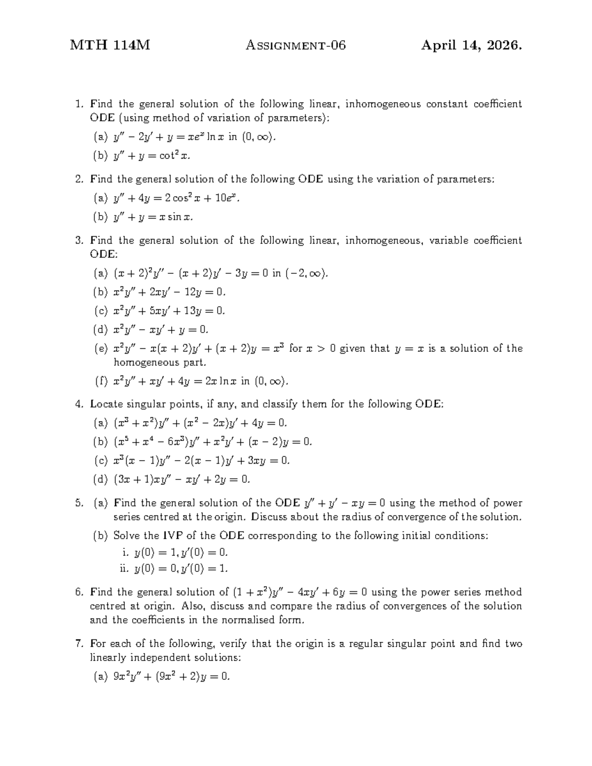 MTH 114M Assign 06 - Practice Problems on ODE Solutions - Studocu