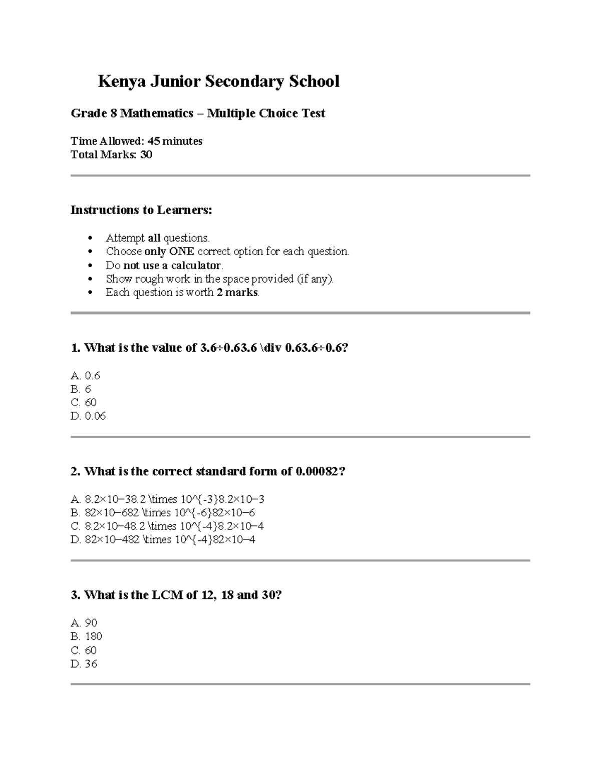 Kenya JSS Grade 8 Math MCQ Test - 45 Min, 30 Marks - Studocu