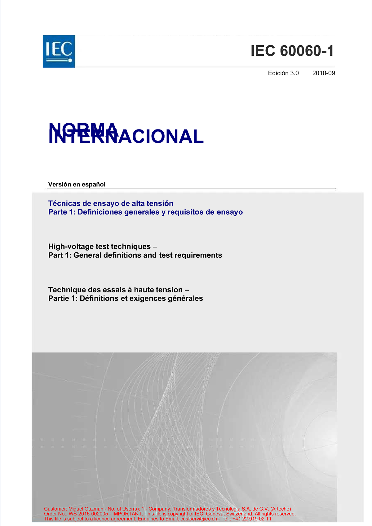 IEC 60060-1: Alta Tensión - Definiciones y Requisitos de Ensayo - Studocu