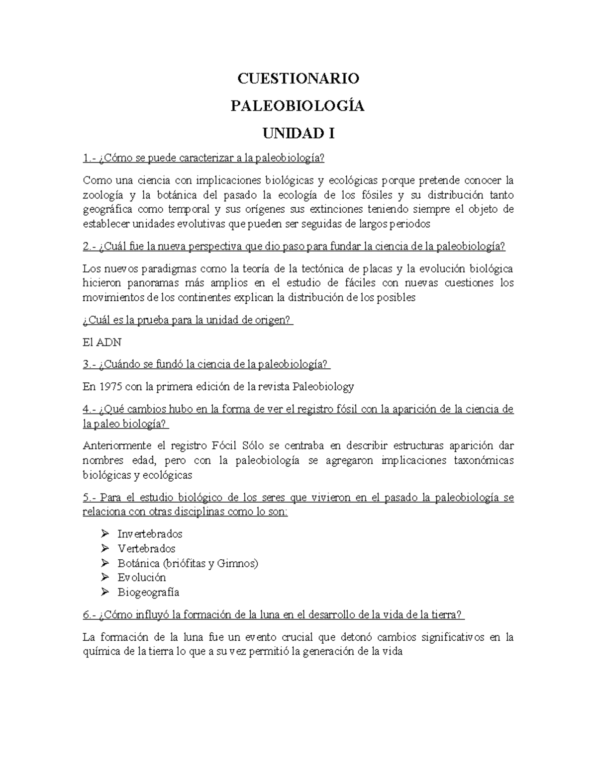Cuestionario Unidad I: Introducción a la Paleobiología - Studocu