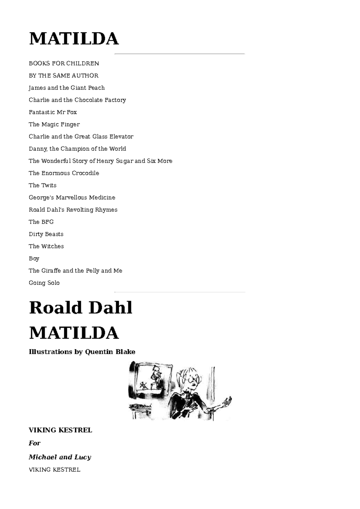 MATILDA BY ROALD DAHL: A CHILDREN'S CLASSIC OVERVIEW - Studocu