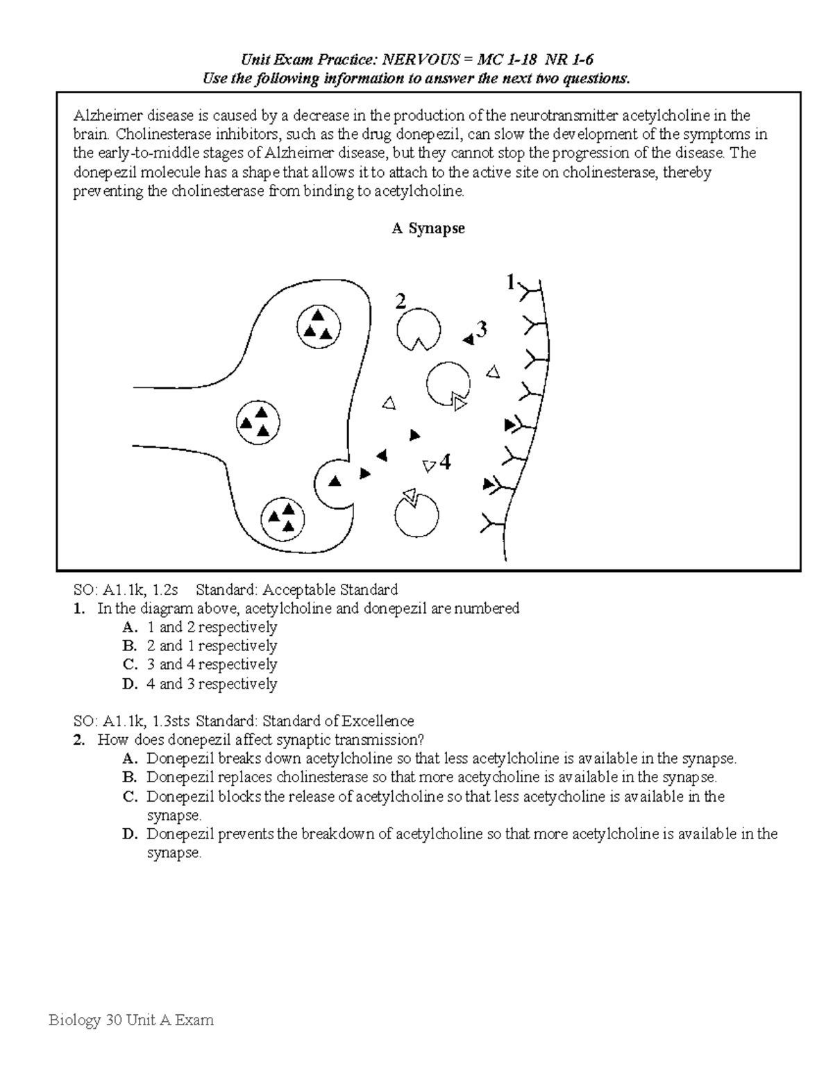 Biology 30 Unit A Exam Practice: Nervous System & Endocrine MC - Studocu