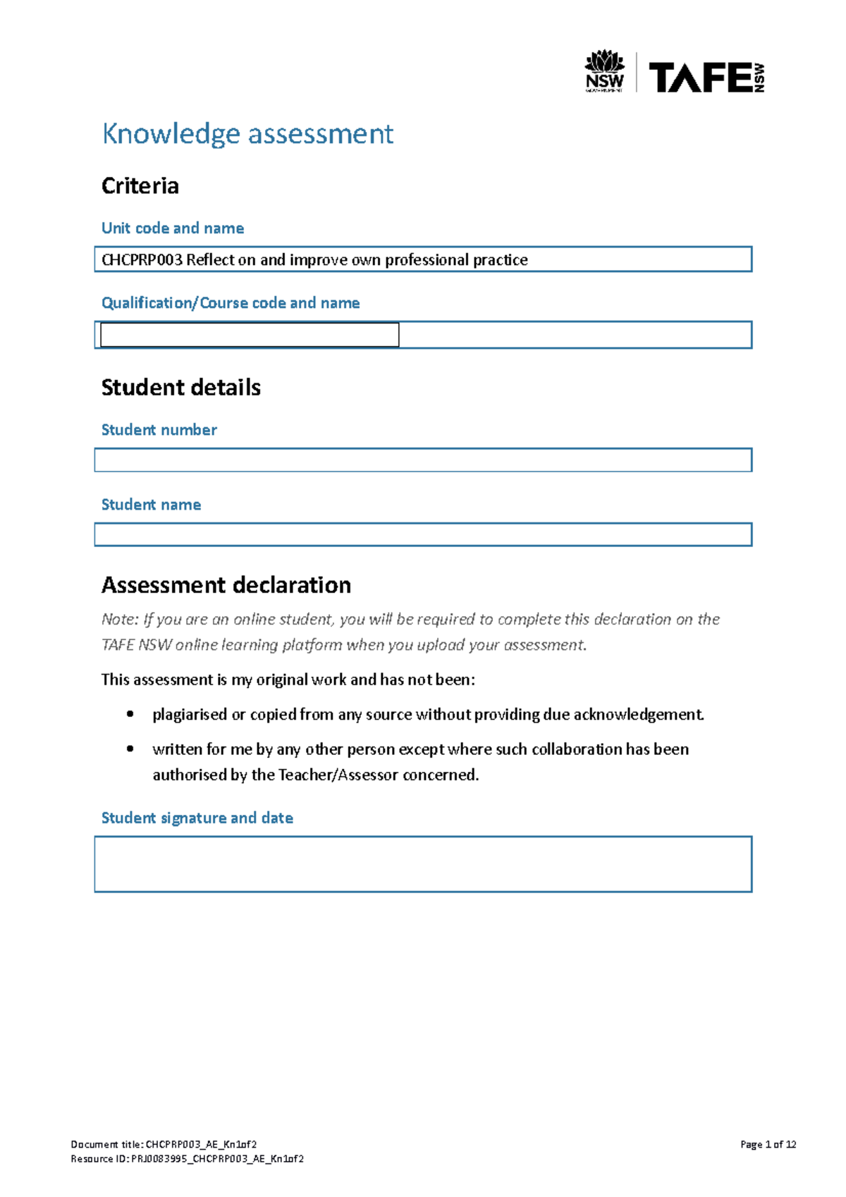 CHCPRP003 Knowledge Assessment - Reflecting on Professional Practice ...