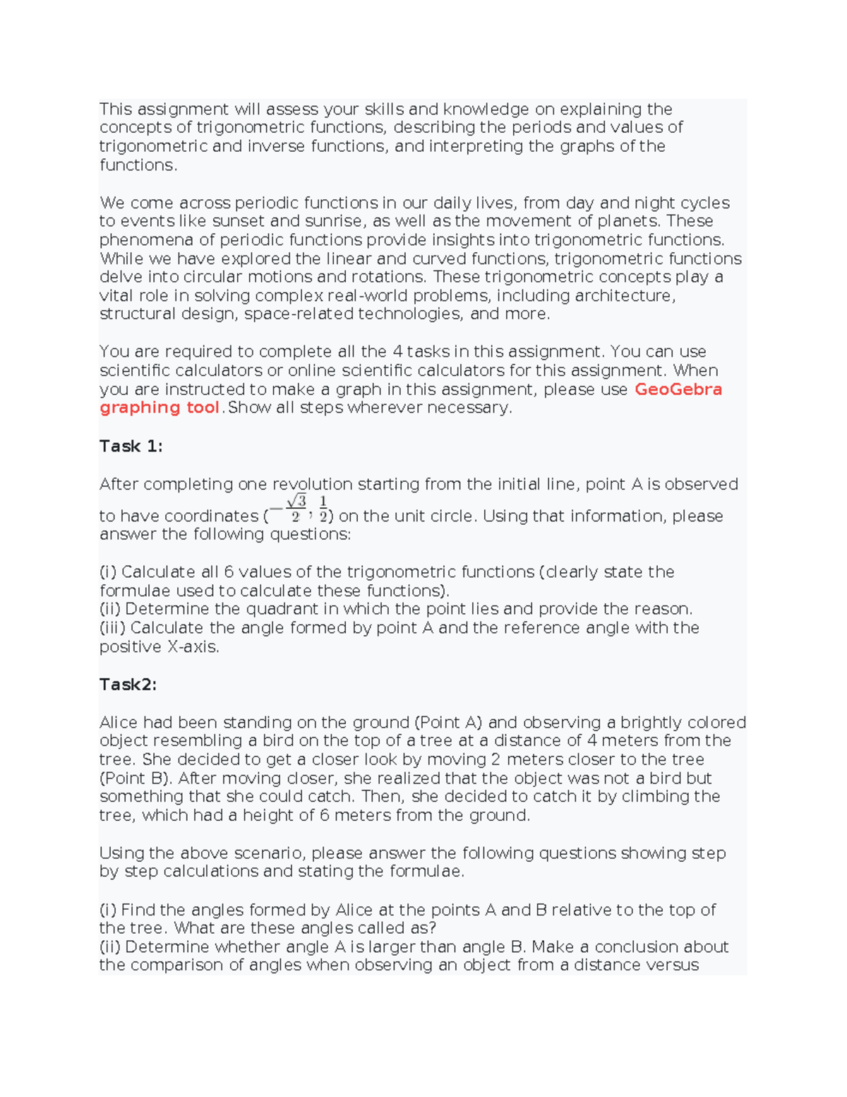 Algebra Unit 6: Trigonometric Functions Assignment Guide - Studocu