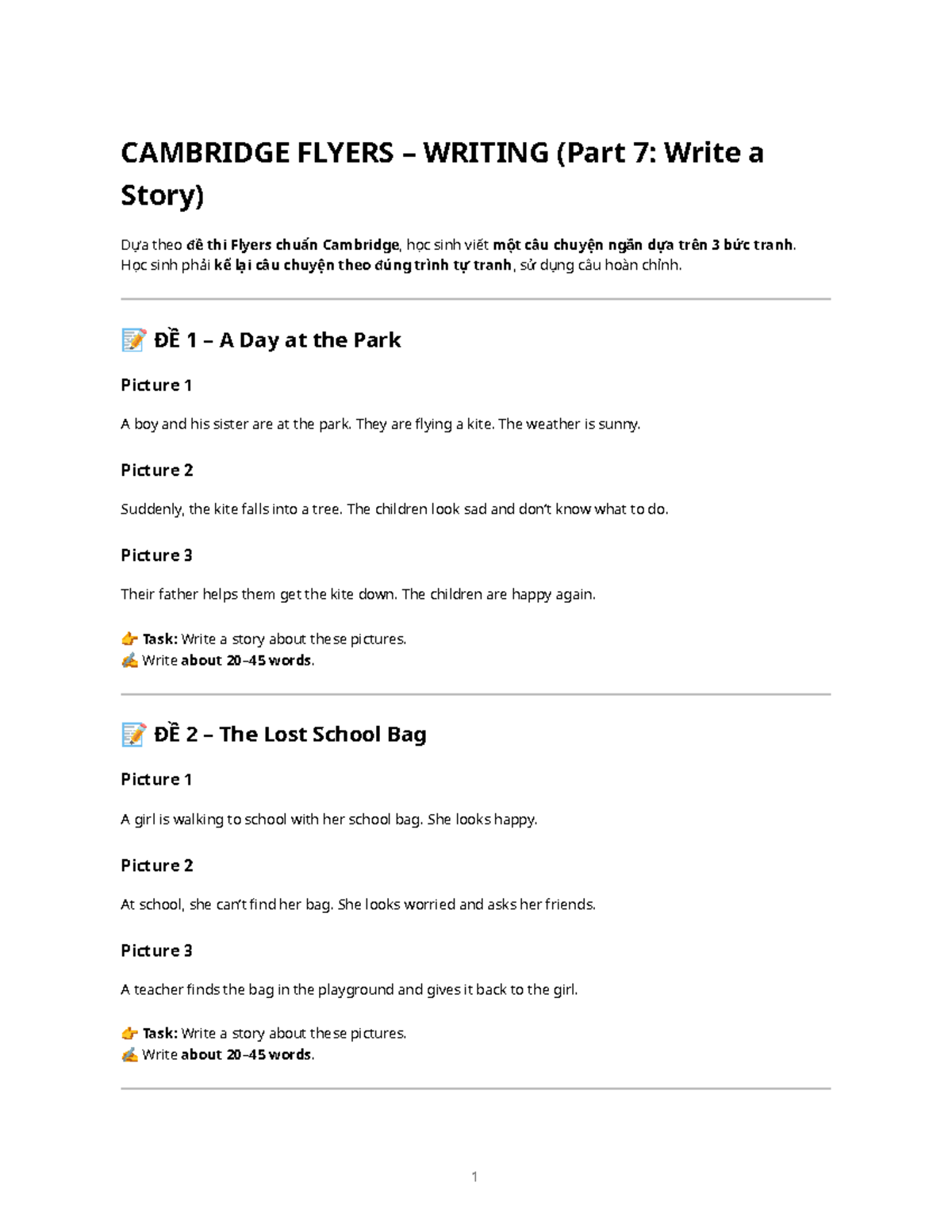 CAMBRIDGE FLYERS – WRITING Practice: Story Writing Tasks - Studocu