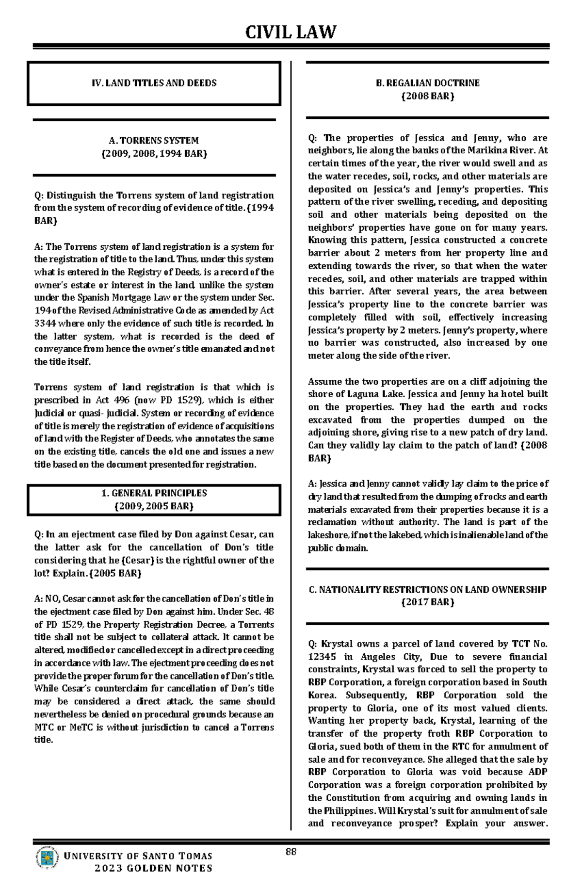 CIVIL LAW IV: LAND TITLES, DEEDS & REGALIAN DOCTRINE (BAR REVIEW NOTES ...